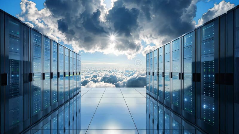 A Futuristic Data Center with Glass Server Cabinets Reflecting Clouds and Sunlight in a Serene ...