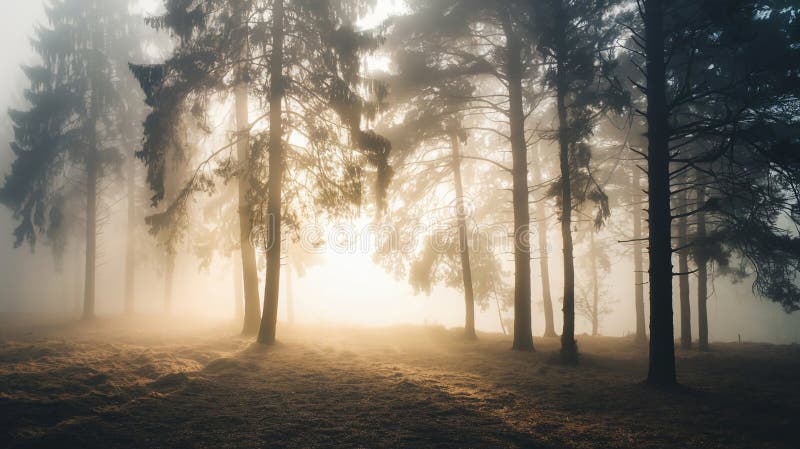 Sunlight Shines through Misty Pine Forest at Dawn Peaceful Nature ...