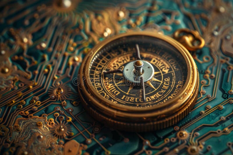 A Vintage Compass Placed on a Circuit Board an Intriguing Fusion of ...