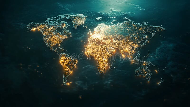 Visual Representation of a World Map Illuminated by City Lights at ...