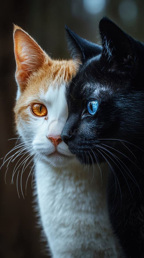 Unique Creation of a Split Feline Face Showing Both White Cat and Black ...