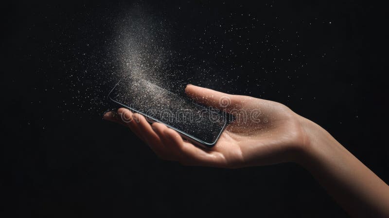 Hand Holding Smartphone with Dust Particles Dissolving into Air Stock ...