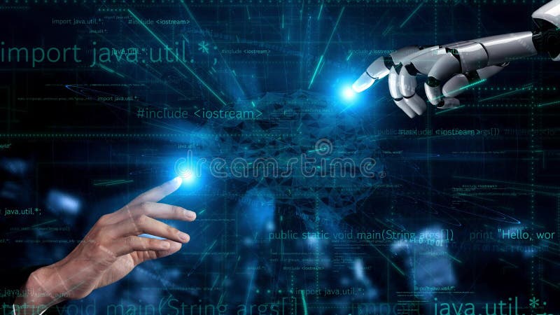 Human and Robot Interaction Concept with Programming Code Background Representing Technology and ...