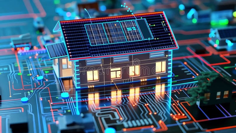A Digital Model of a House Showcasing Solar Panels and Circuits ...
