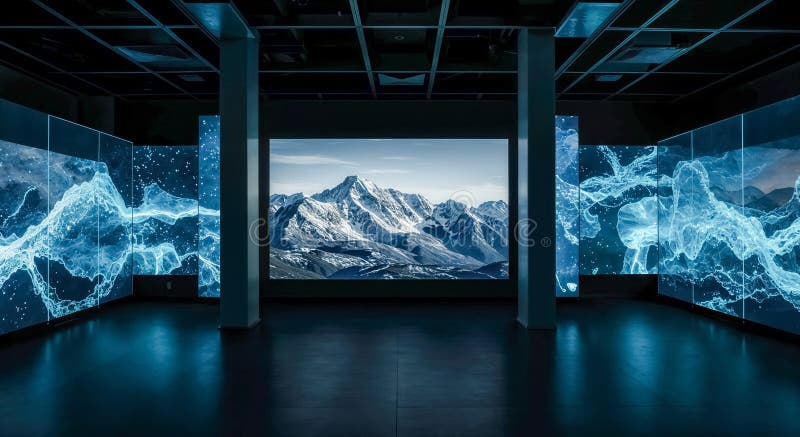 Mountain Landscape Shown on Multiple Screens in a Dark Room Stock ...