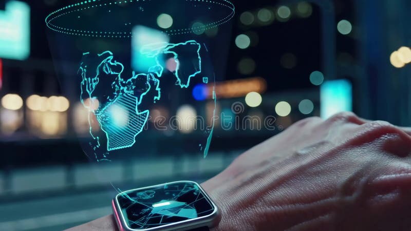 Interactive Smartwatch Footage with Holographic World Map Display Stock ...