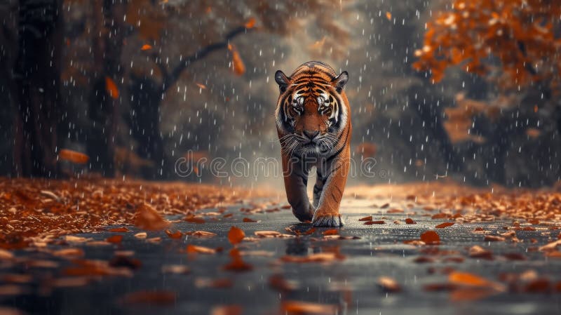 Tiger Advancing in Autumnal Rain Stock Photo - Image of seasonal ...
