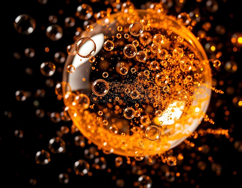 Dynamic Explosion of Vibrant Orange Bubbles in a Dark Space. Stock ...