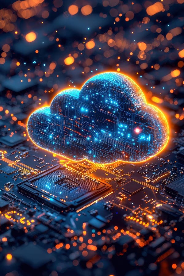Glowing Digital Cloud Over Circuit Board Representing Cloud Computing ...