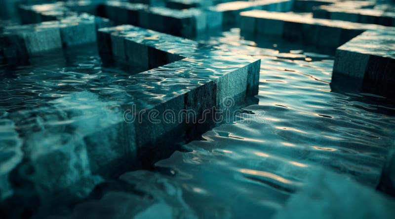 Mysterious Water Maze with Industrial Stone Blocks Under Blue Light ...