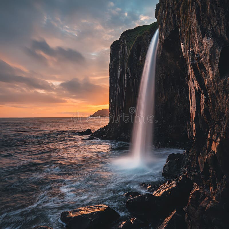 Captivating Waterfall Falling into Ocean at Sunset with Dramatic Sky ...