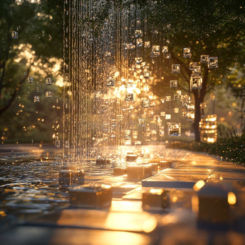 Captivating Waterfall with Glowing Cubes in a Serene Park at Sunset ...