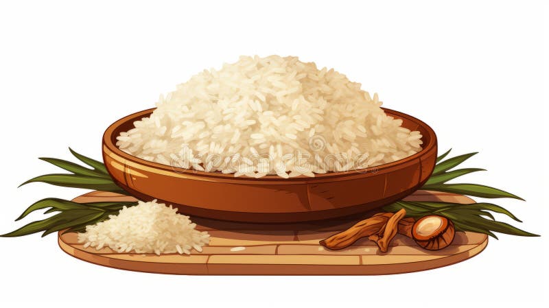 Captivating White Rice Illustration on Wooden Plate with Leaves Stock ...