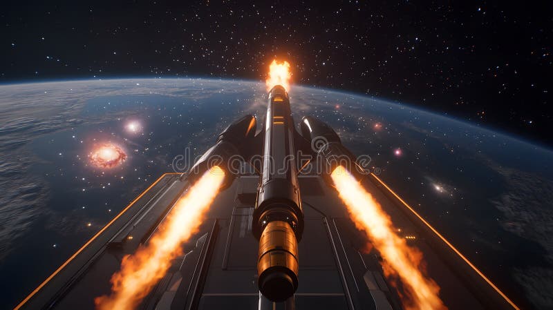 Wide Angle Shot of a Rocket Launching into Space with Fiery Thrusters ...