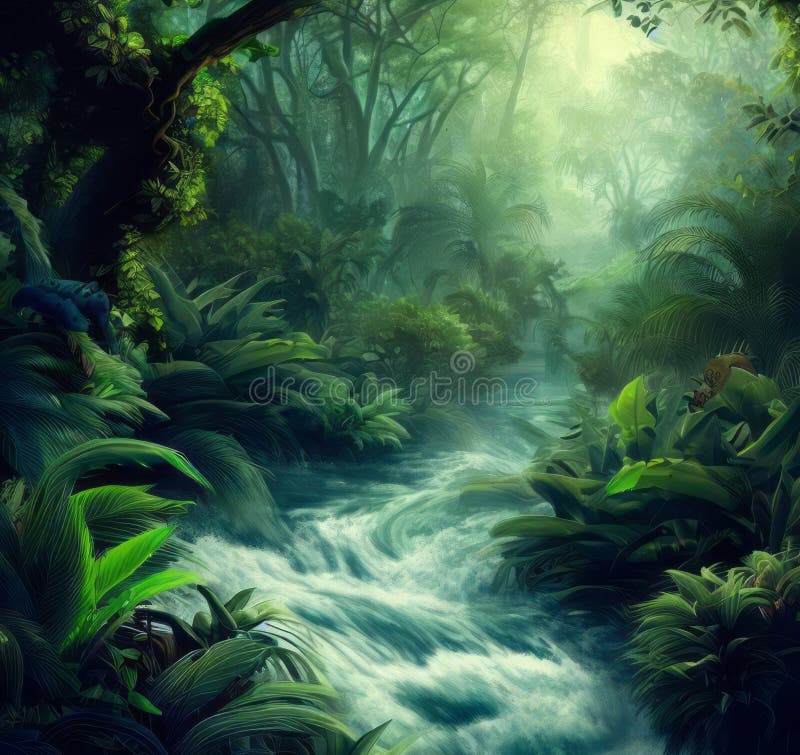 Mystical Jungle River Flow stock illustration. Illustration of tropics ...
