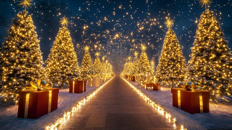 Magical Christmas Pathway Festive Trees Gifts Lights Stock Image ...