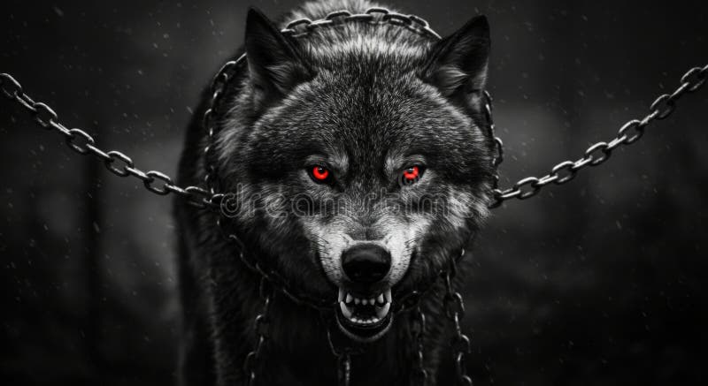 Captive Power: a Majestic Wolf with Glowing Red Eyes Stock Illustration ...