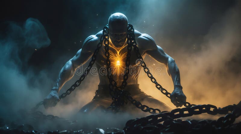 Captive Strength: a Powerful Figure Bound by Chains Emits Light ...