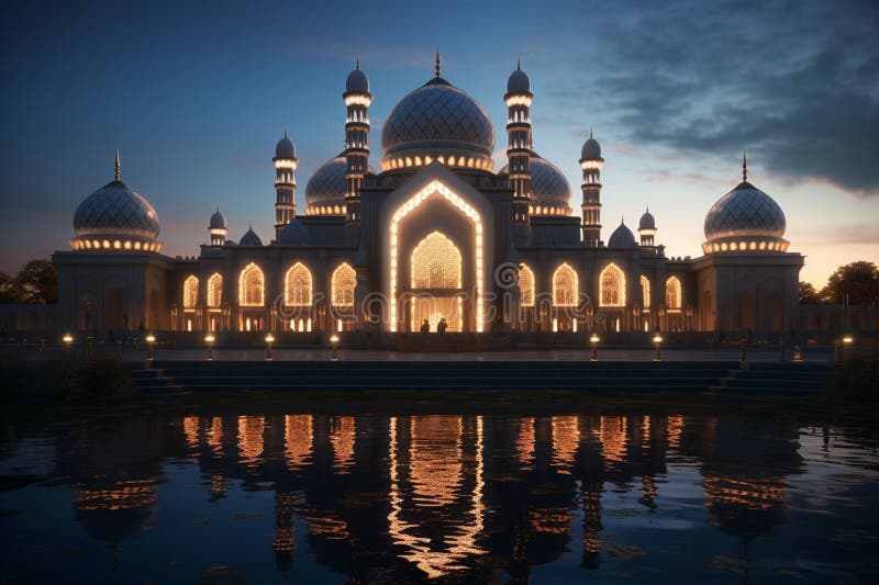 Capture the Beauty of Mosques Illuminated for Stock Illustration ...