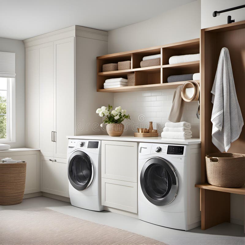 Capture a Bright and Inviting Laundry Room Scene Featuring a Pristine ...