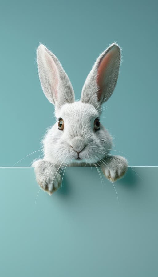 Adorable White Rabbit Peeking Over Edge with Curious Expression on ...