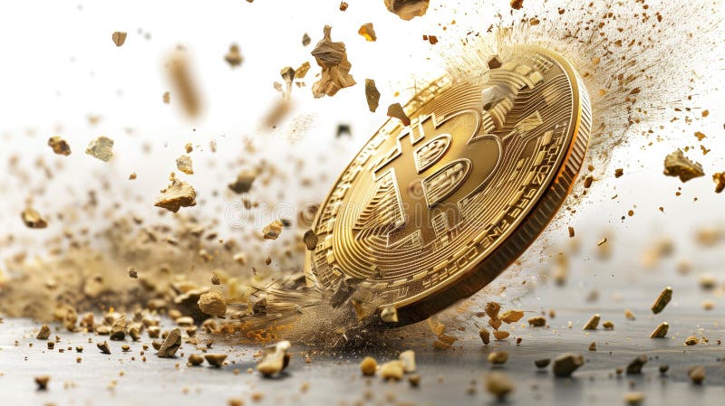: Falling Bitcoin Isolated Action Element, Gold BTC Cryptocurrency Smashing into Pieces, Token ...