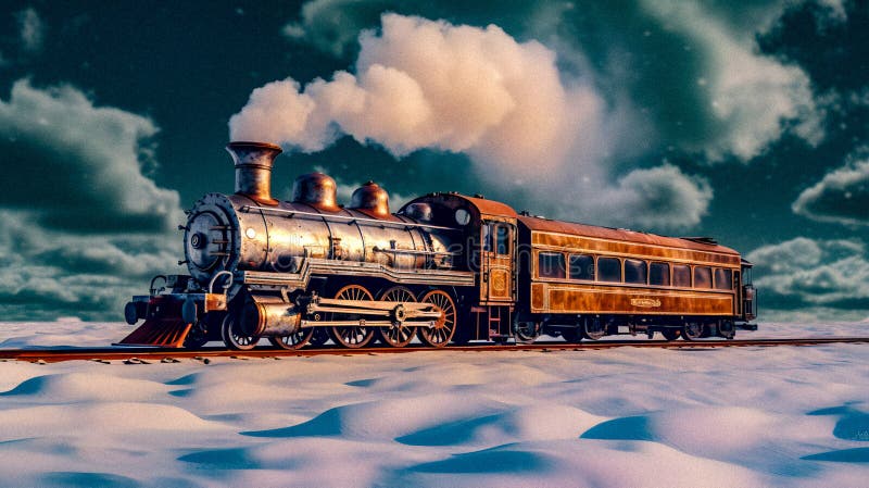 Retrofuturistic Steampunk Train in High-Speed Motion, Snow, Generative ...