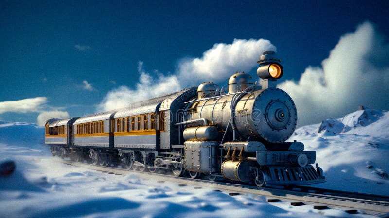 Retrofuturistic Steampunk Train in High-Speed Motion, Snow, Generative ...