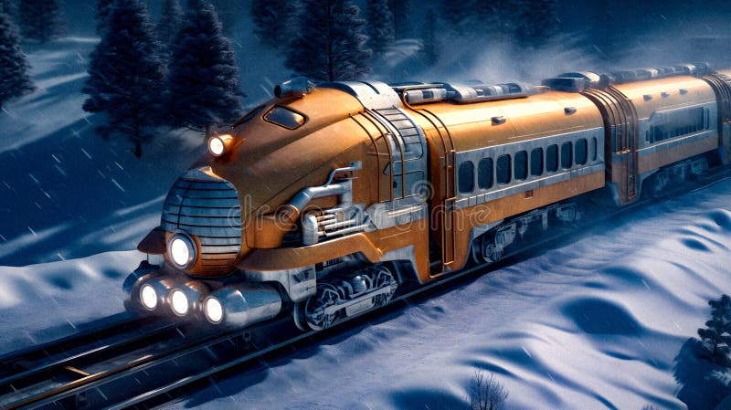 Retrofuturistic Steampunk Train in High-Speed Motion, Snow, Generative ...