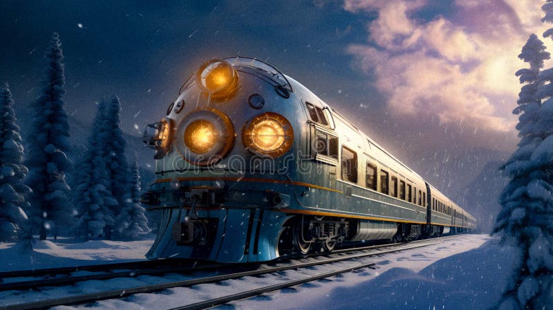 Retrofuturistic Steampunk Train in High-Speed Motion, Snow, Generative ...