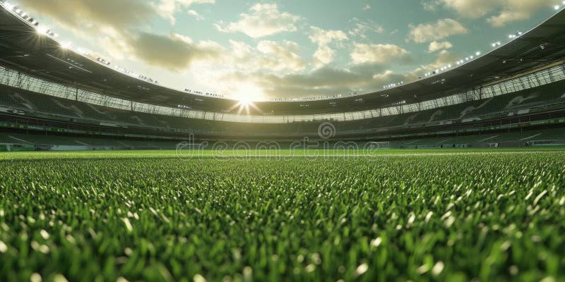 Capture Empty Stadium with Green Field and Sunrise View and Natural ...