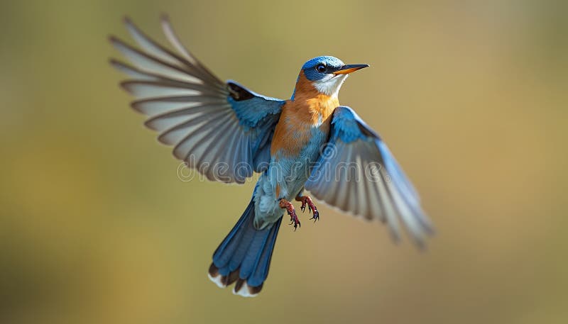 Eastern Bluebird in Flight Against Blurred Background Showing Colorful Feathers and Delicate ...