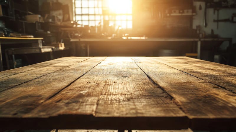 Rustic Workshop Background Aged Wooden Table with Sunlight Shadows for ...