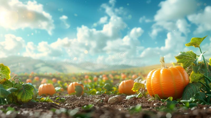 Autumn Harvest at Dusk: Enchanting Pumpkin Field with Rolling Hills and ...
