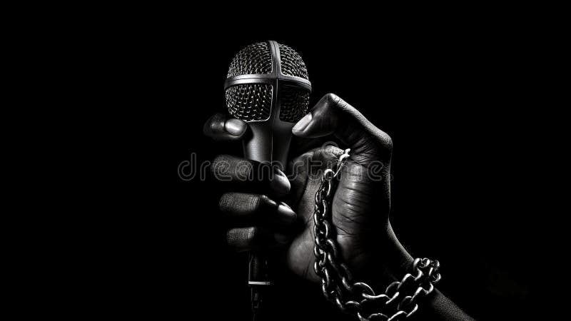 A Hand Holding a Microphone with a Chain Around it on Black Background ...