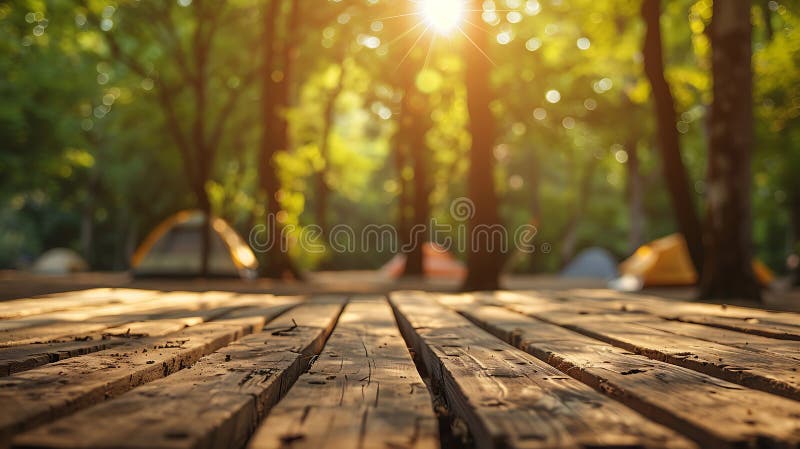 Rustic Wood Table with Blurred Forest Camping Background Stock ...