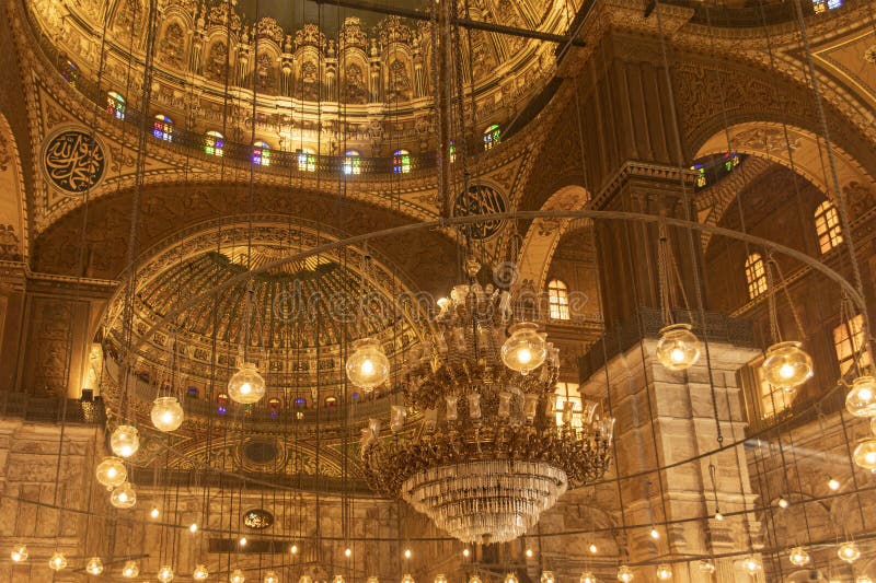 Cairo, Egypt January 21, 2024: Illuminated Interior of the Mohammed Ali ...