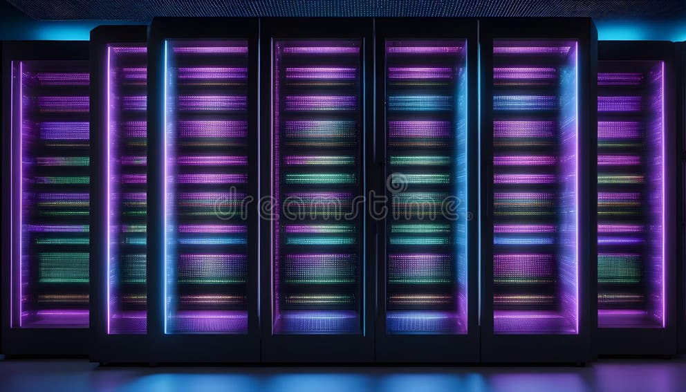 Capture an Image of a High-tech Server Rack Adorned with Glowing LEDs ...