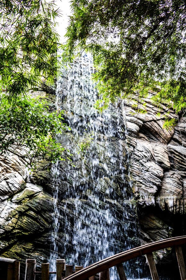 A Waterfall Flowing from the Rocks, through a Forest and Under a Bridge ...