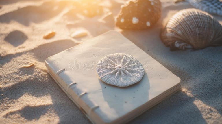 Capture Moment with Journal on Sand, Featuring a Sand Dollar and Shells ...