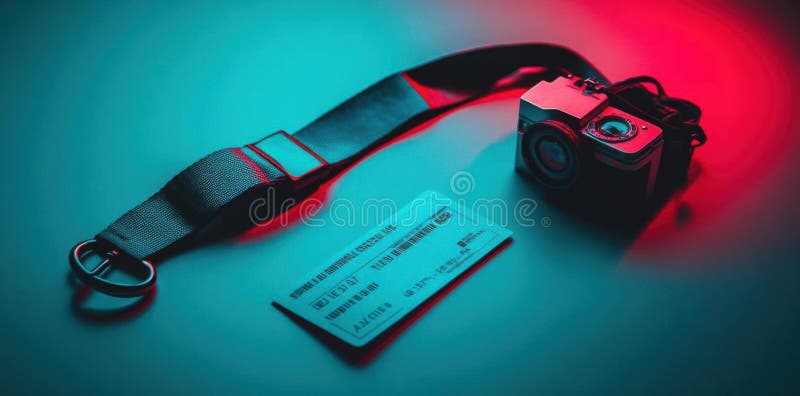 Capture Moments, Camera, Strap, and Ticket with Neon Glow. Minimalist ...