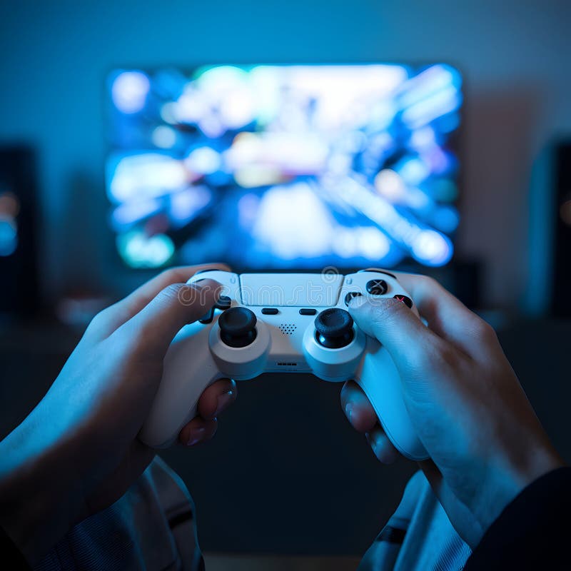 Hands Holding Game Controller, Dim Blue Light, Blurred Screen for ...