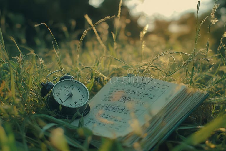 Capture Time, Clock and Notebook in a Grassy Field, Concept of ...