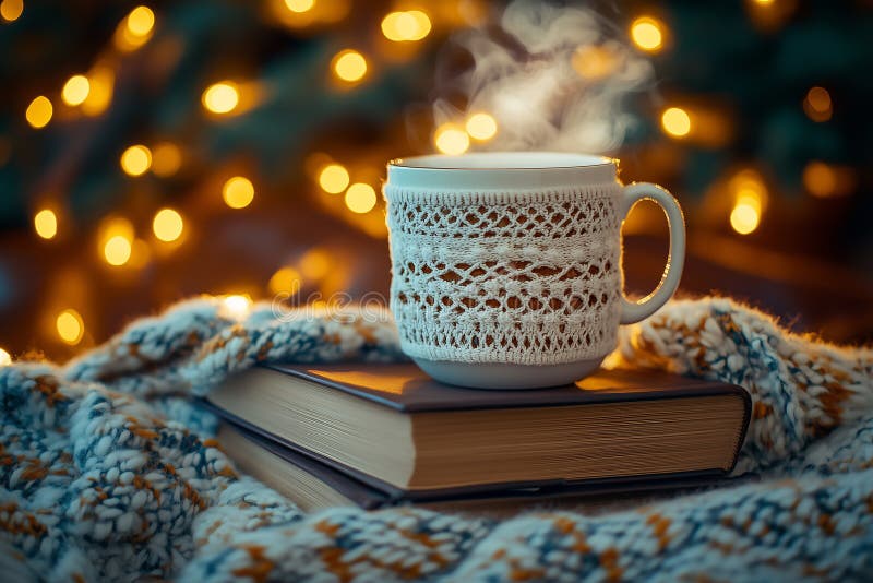 Cozy Hot Beverage in Knit Mug Cozy on Books with Christmas Tree Bokeh ...