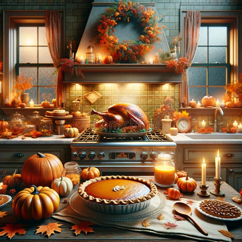 Thanksgiving Feast: Turkey Roasting in Cozy Kitchen Stock Illustration ...