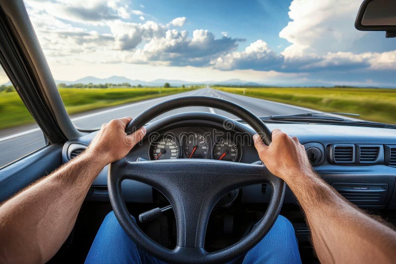 Driver S Perspective with Hands on Wheel Gazing at Open Road and Scenic ...