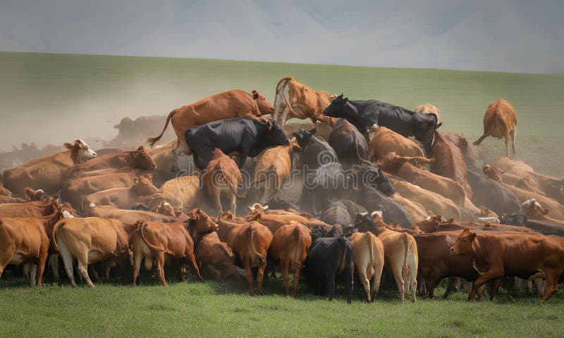 Dusty Cattle Herd Moving in an Open Green Field Under Bright Sunlight ...