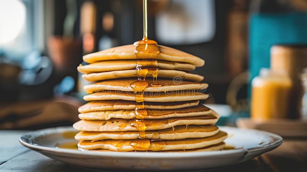 Captured from a Low Angle, a Towering Stack of Fluffy Pancakes Drizzled ...