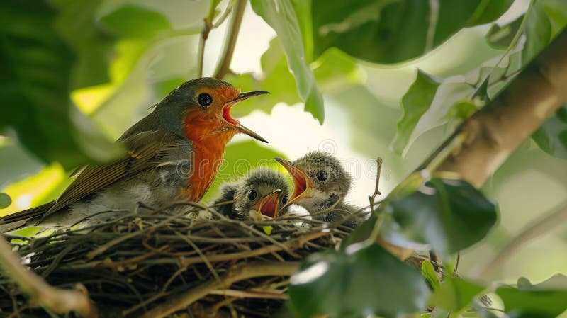 Mother Robin Nurturing Chicks in Leafy Nest Stock Image - Image of ...