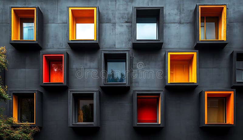 Modern Concrete Building Facade with Colorful Windows, Architectural ...